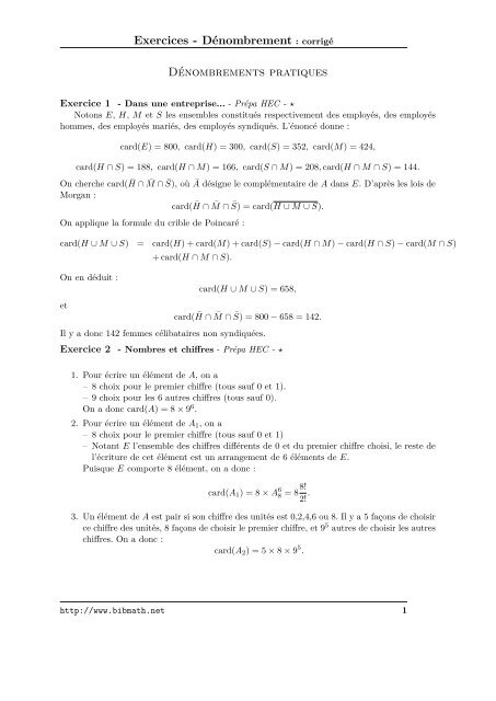 Exercices - DÃ©nombrement : corrigÃ© DÃ©nombrements ... - BibMath