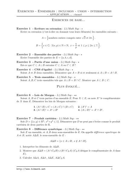 Exercices - Ensembles : inclusion - union - intersection ... - Bibmath