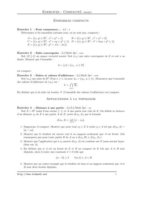 Exercices - CompacitÃ© : Ã©noncÃ© Ensembles compacts ... - BibMath