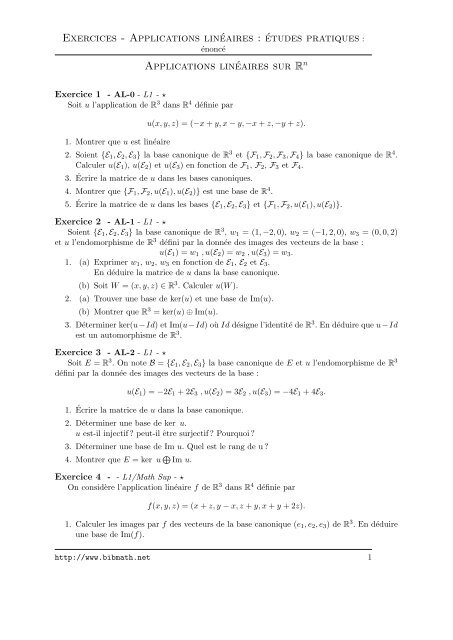 Exercices - Applications linÃ©aires : Ã©tudes pratiques ... - Bibmath