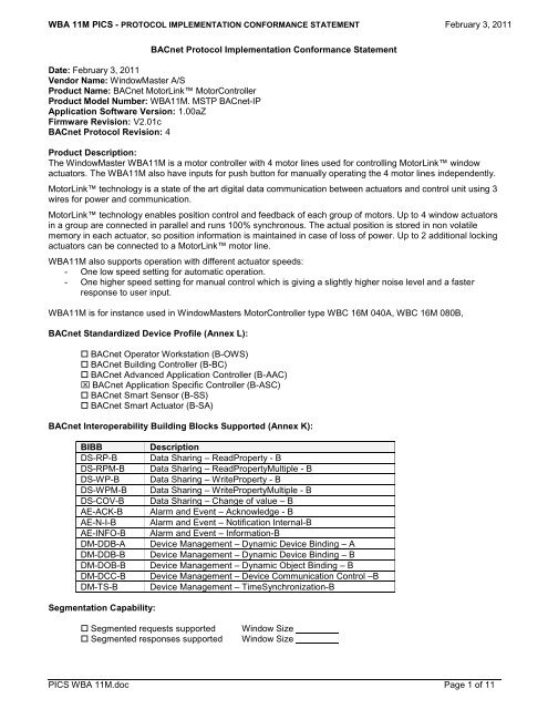protocol implementation conformance statement - WindowMaster