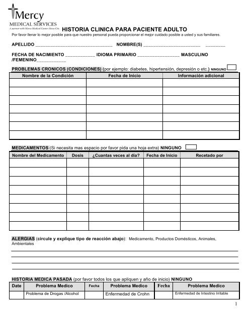 historia clinica para paciente adulto - Mercy Medical Center Sioux City