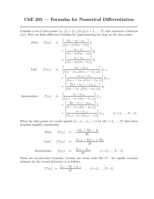 ChE 205 â Formulas for Numerical Differentiation