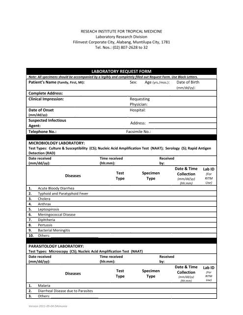 laboratory request form - Research Institute for Tropical Medicine