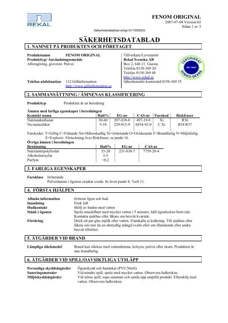 SÃ¤kerhetsdatablad - Rekal Svenska AB
