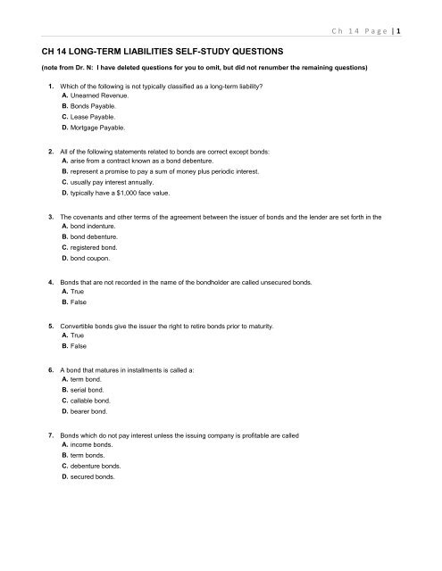 CH 14 LONG-TERM LIABILITIES SELF-STUDY QUESTIONS CH 14 LONG-TERM LIABILITIES SELF-STUDY QUESTIONS