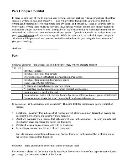 Peer Critique Checklist I