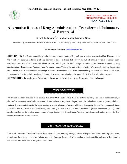 Alternative Routes of Drug Administration- Transdermal, Pulmonary ...