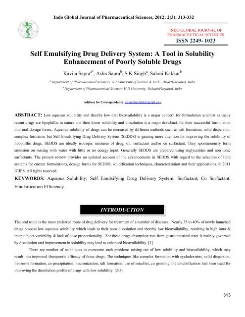Self Emulsifying Drug Delivery System: A Tool in Solubility ...