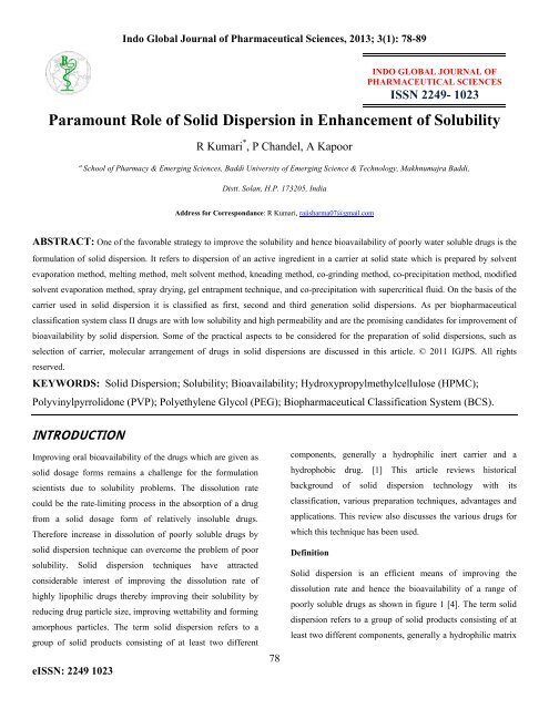 Paramount Role of Solid Dispersion in Enhancement of Solubility