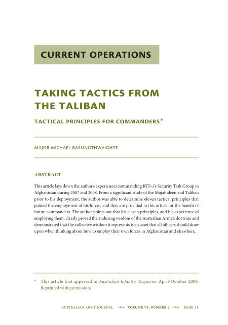 Taking Tactics from the Taliban: Tactical Principles ... - Australian Army