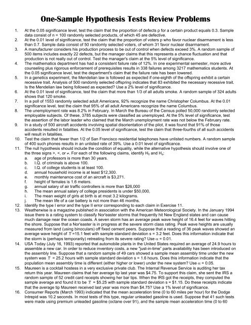 One Sample Hypothesis Tests Review Problems 4421