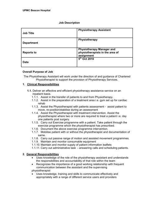 Job Description Job Title Physiotherapy Assistant ... - Beacon Hospital