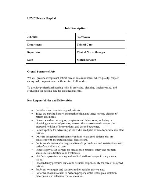 Staff nurse ICU - UPMC Beacon Hospital