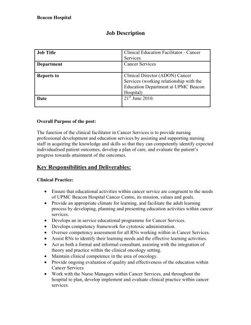 Job Description Key Responsibilities and Deliverables: