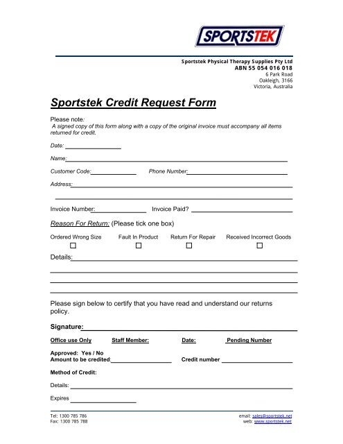 Sportstek Credit Request Form
