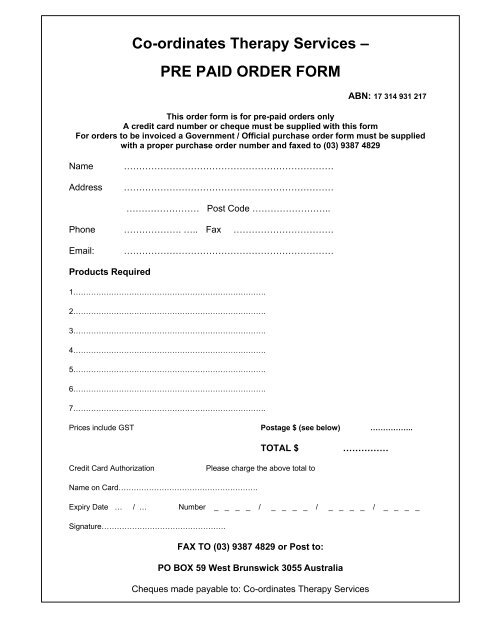 PRE PAID ORDER FORM - Therapy Book Shop