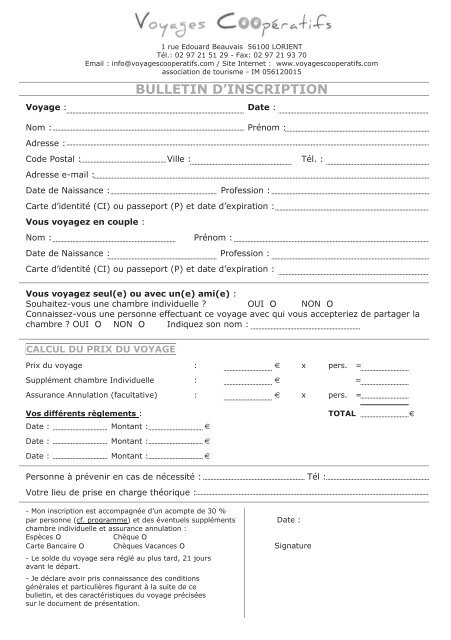 BULLETIN D'INSCRIPTION - Voyages coopératifs