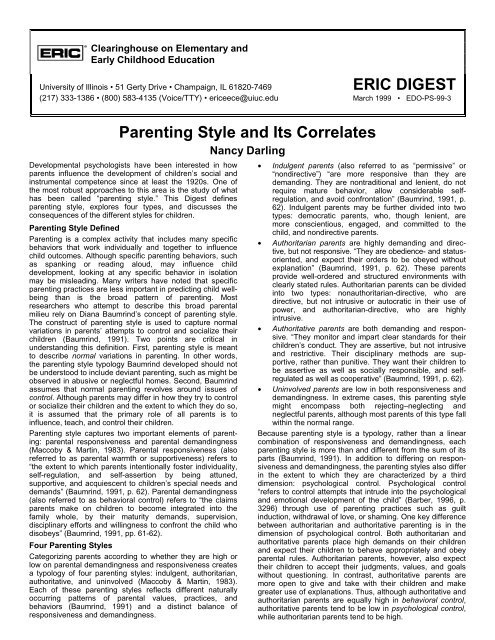 Parenting Style and Its Correlates ERIC DIGEST - Early Childhood ...