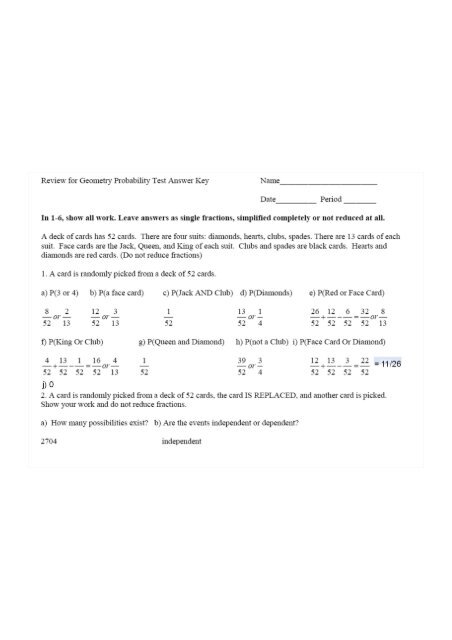 Review for Geometry Probability Test Answer Key Name Date Pen'od