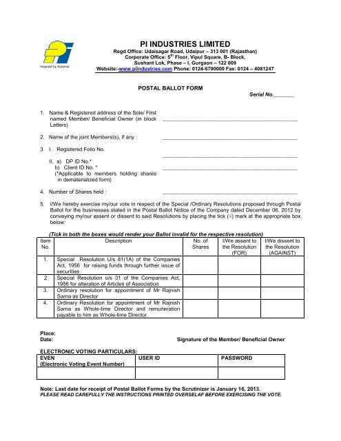 Postal Ballot Form attached to notice dated 6th Dec ... - PI Industries