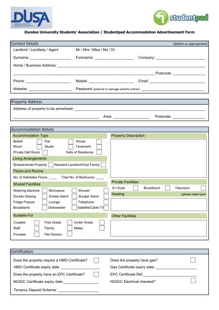 Property Form - Student Accommodation In Dundee