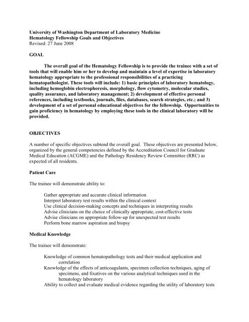 Program Goals and Objectives - Pathology - University of Washington