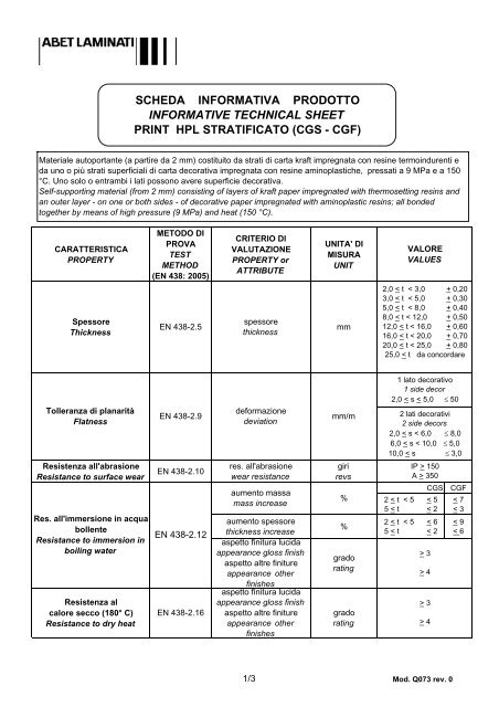 scheda informativa prodotto informative technical sheet print hpl ...