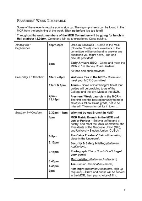 FRESHERS' WEEK TIMETABLE - Caius MCR