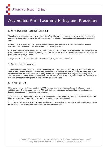 Accredited Prior Learning Policy and Procedure - University of ...