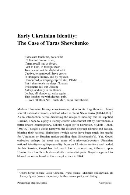 Early Ukrainian Identity: The Case of Taras Shevchenko