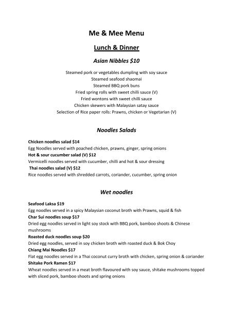 Me & Mee Menu - Kawarau Hotel
