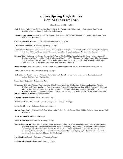 China Spring High School Senior Class Of 2010 - China Spring ISD