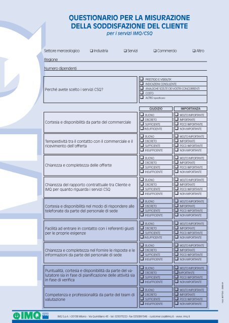 Questionario customer satisfaction: nuovo cliente - Imq