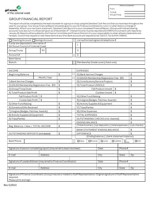 Financial Report - Troop/Group - Girl Scouts of the Colonial Coast