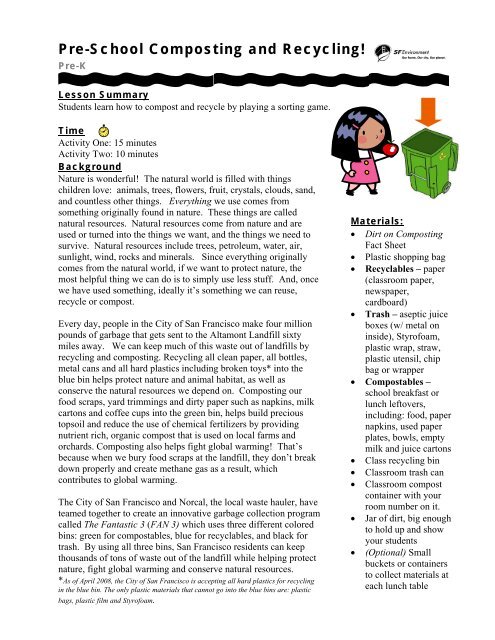Pre-K Composting and Recycling Lesson Plan - SF Environment
