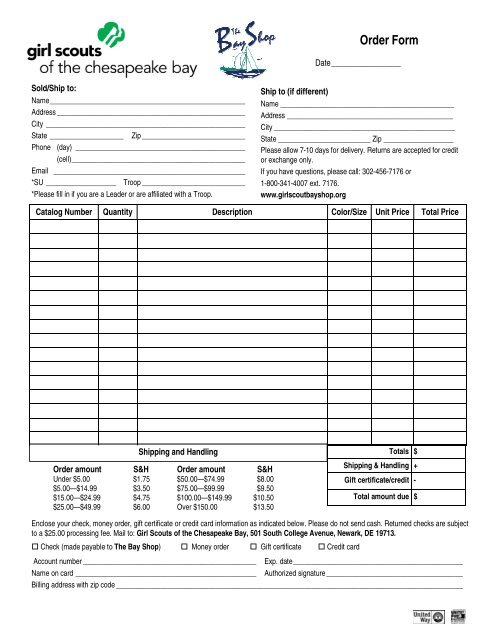 Order Form - Girl Scouts of the Chesapeake Bay