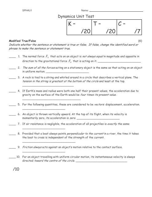 Dynamics Unit Test - SPH4U-SS
