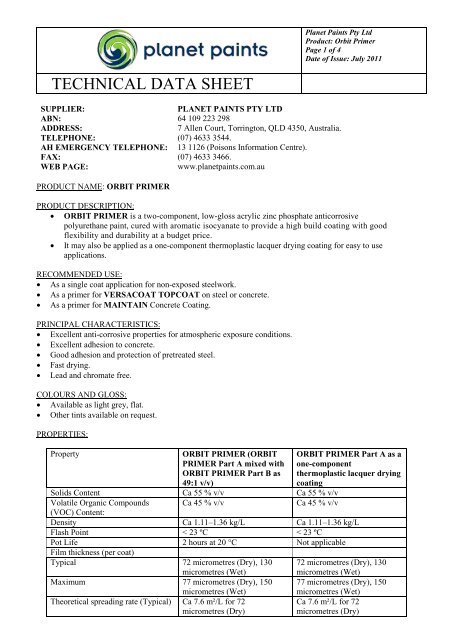 TECHNICAL DATA SHEET - Planet Paints