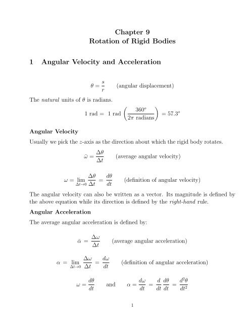 Chapter 9 Rotation Of Rigid Bodies 1 Angular Velocity And