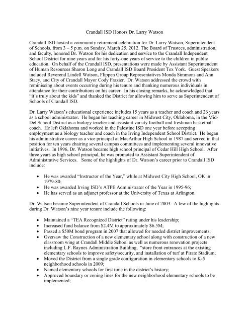 Crandall ISD Honors Dr. Larry Watson Crandall ISD hosted a ...