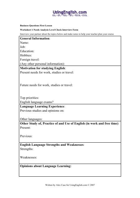 Business English First Lesson Questions Usingenglish