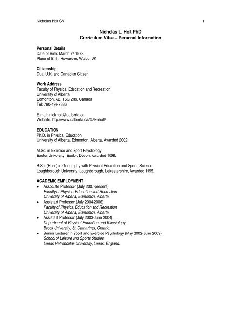 Dr. Holt's CV (PDF) - Faculty of Physical Education - University of ...