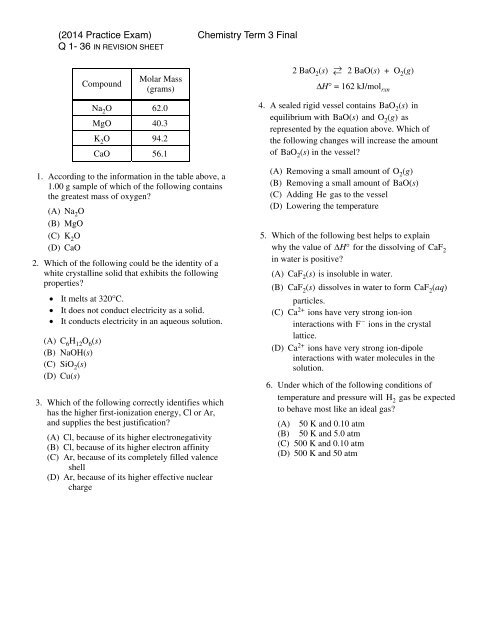 EMISTRY Section I Questions —90 minutes T ALLOWED FOR SECTION I.