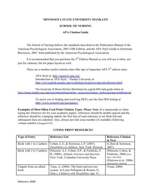 APA Citation Citing Print Resource Guide - Minnesota State ...