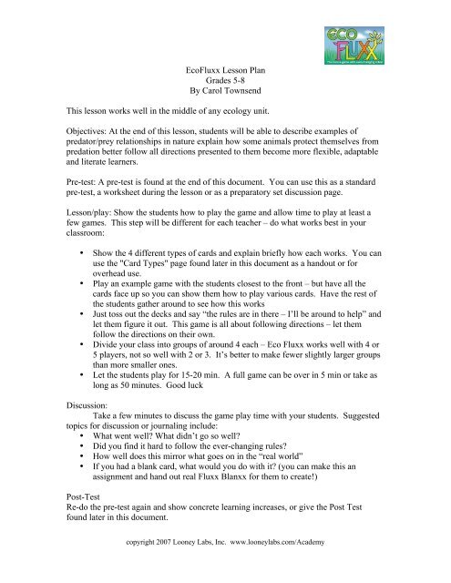 EcoFluxx Lesson Plan Grades 5-8 By Carol ... - Looney Labs!