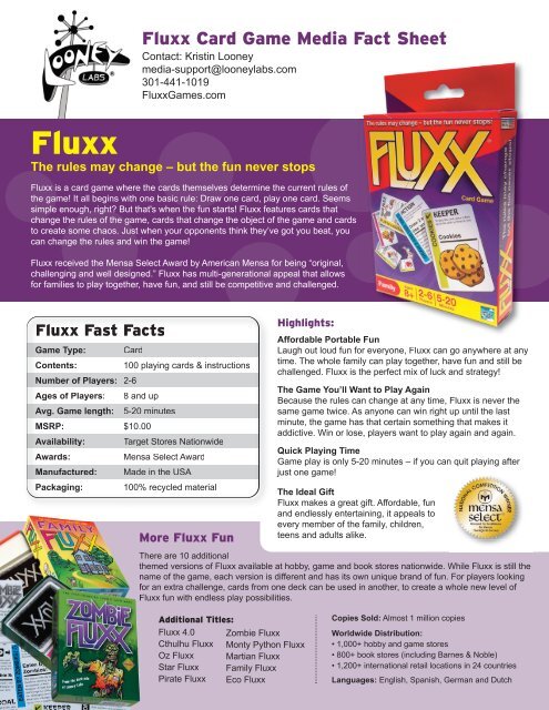 Fluxx Card Game Media Fact Sheet - Looney Labs