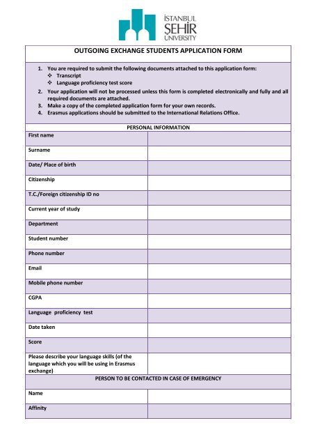 OUTGOING EXCHANGE STUDENTS APPLICATION FORM - My Sehir