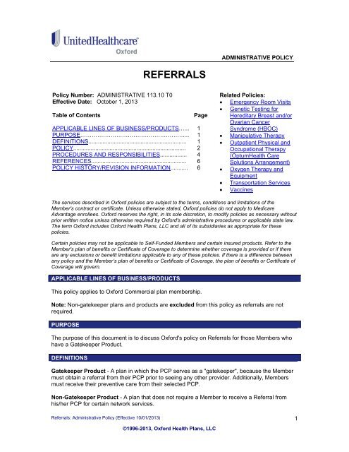 Referral - Oxford Health Plans