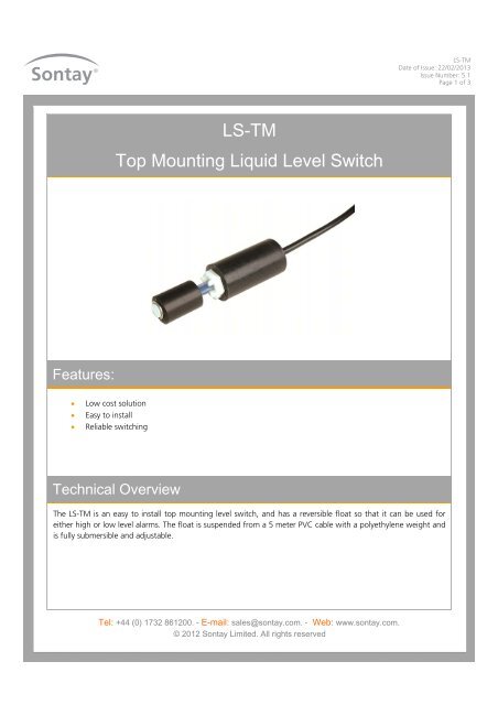 LS-TM Top Mounting Liquid Level Switch - Sontay